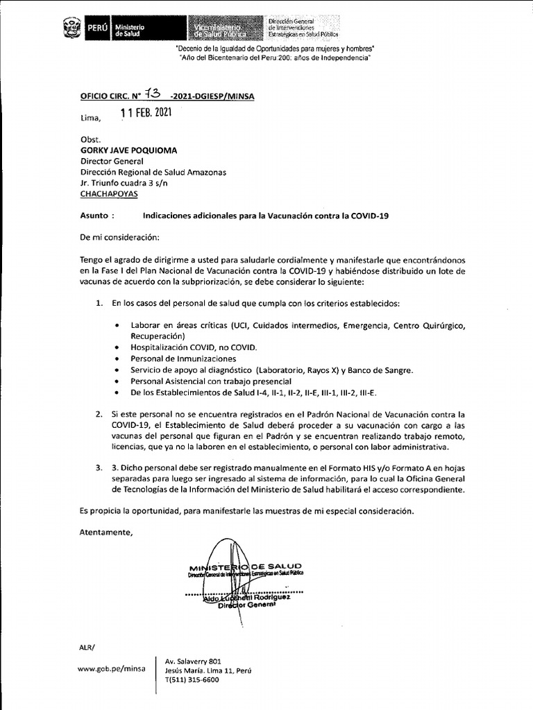 Oficio Circular 73 2021 Dgiesp Minsa | PDF