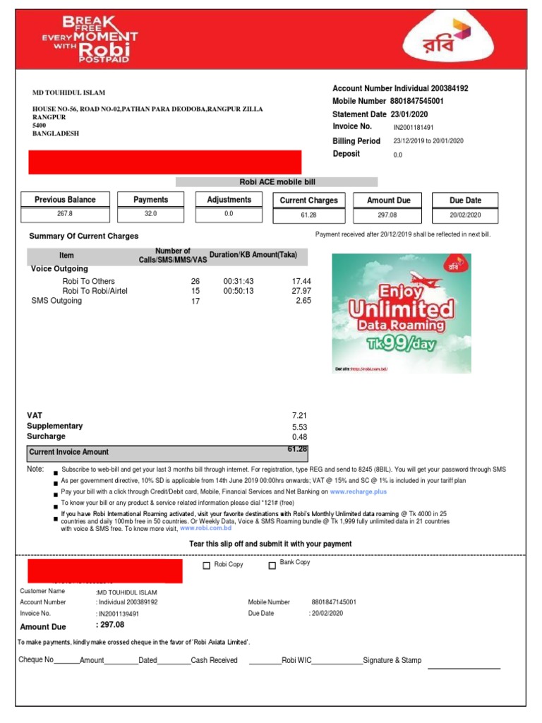Invoice No.: Robi ACE Mobile Bill | PDF | Payments | Roaming