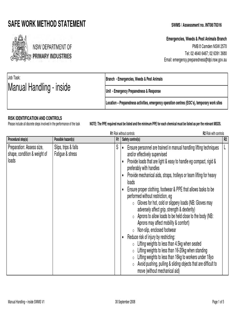 Safe Work Method Statement Manual Handling Inside | PDF | Forklift ...
