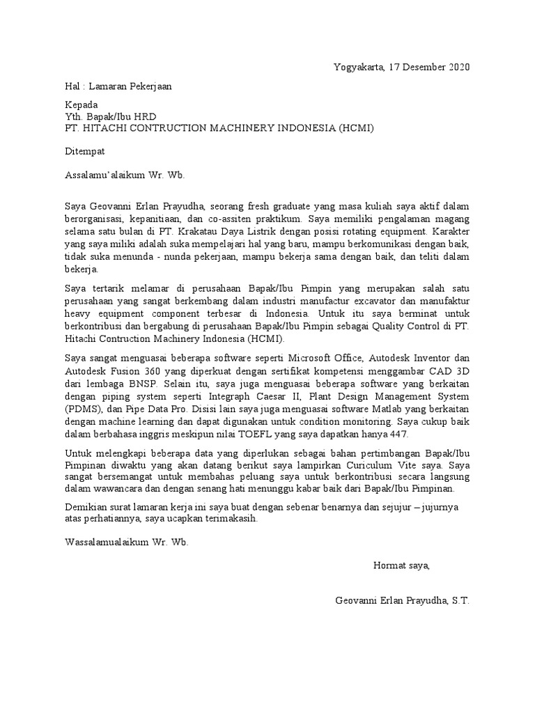 Surat Lamaran PT. HITACI CONTRUCTION MACHINERY INDONESIA (HCMI) | PDF