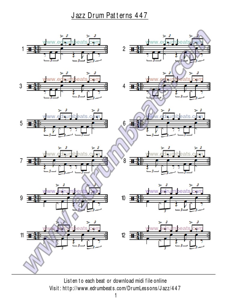 Jazz Drum Patterns 447: Listen To Each Beat or Download Midi File Online 1 | PDF