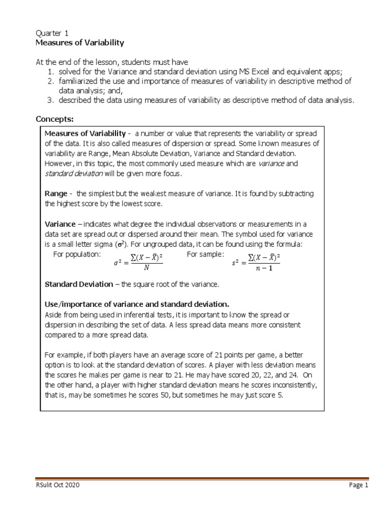 Measures of Variability: Variance Standard Deviation | PDF | Variance | Statistical Dispersion