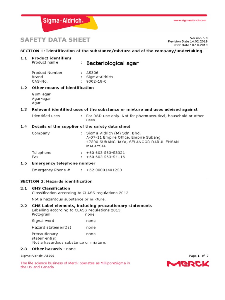 Safety Data Sheet: Bacteriological Agar PDF Toxicity, 42% OFF