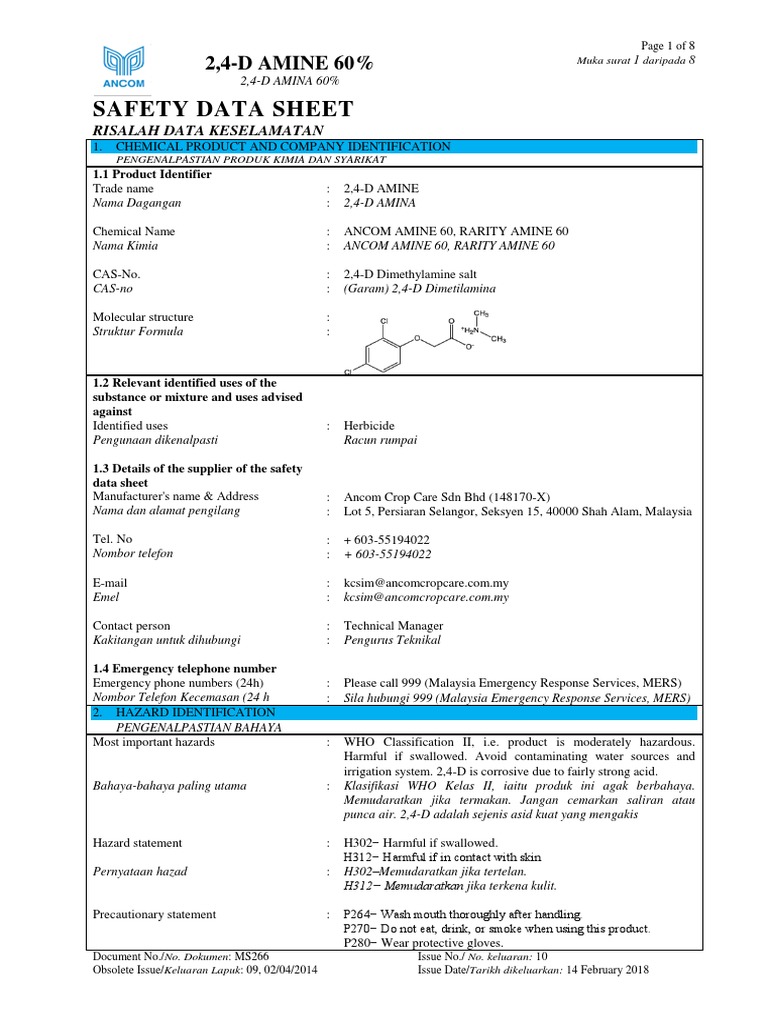 Safety Data Sheet: 2,4-D AMINE 60% | PDF | Safety | Occupational Safety ...