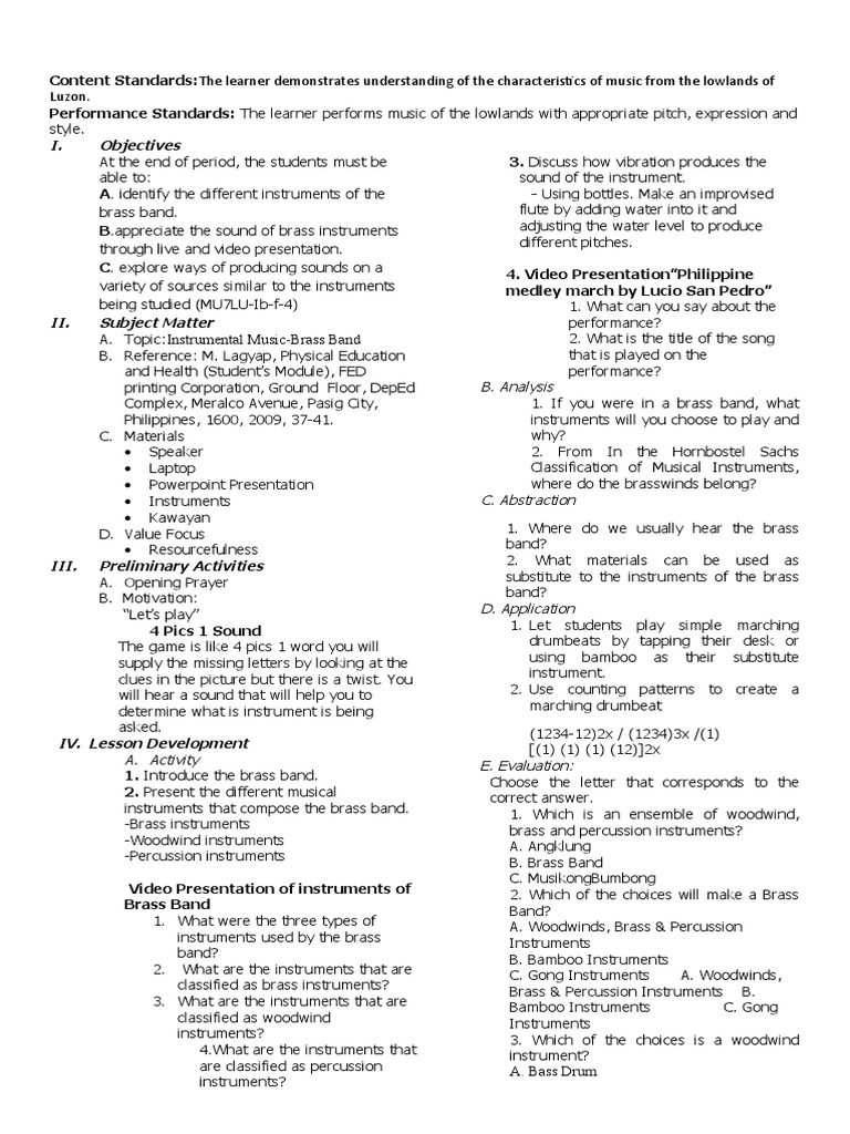 Brass Band Instrument Lesson Plan | PDF | Musical Instruments | Brass ...