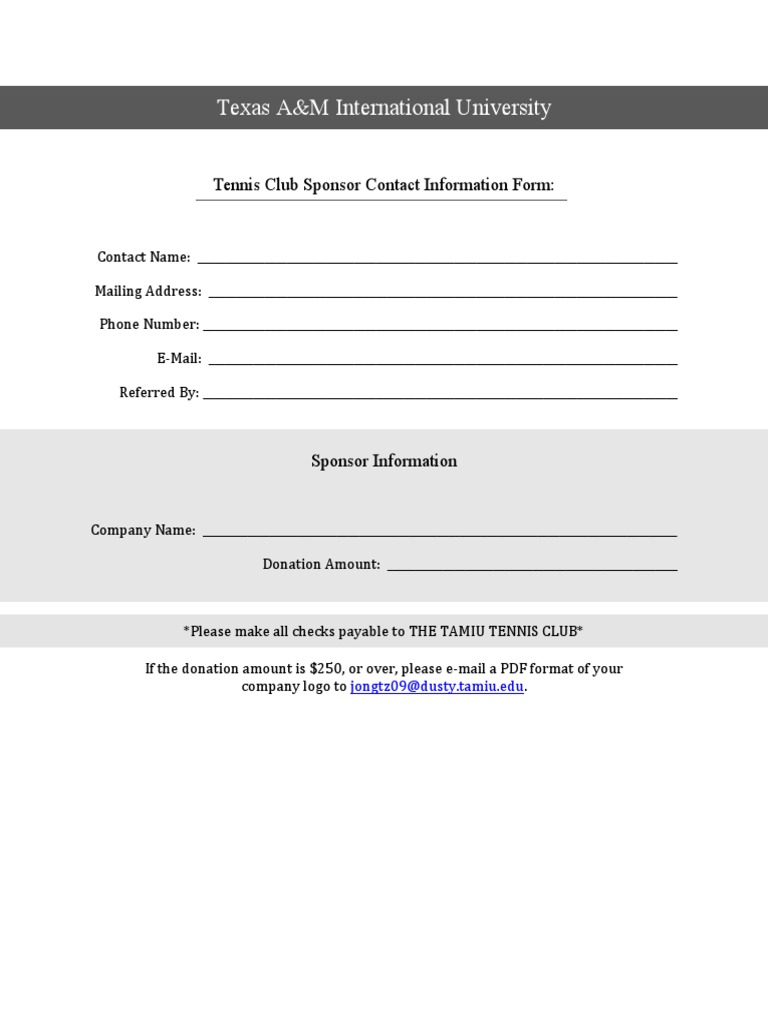 TAMIU Tennis Club Sponsor Form | PDF | Career & Growth