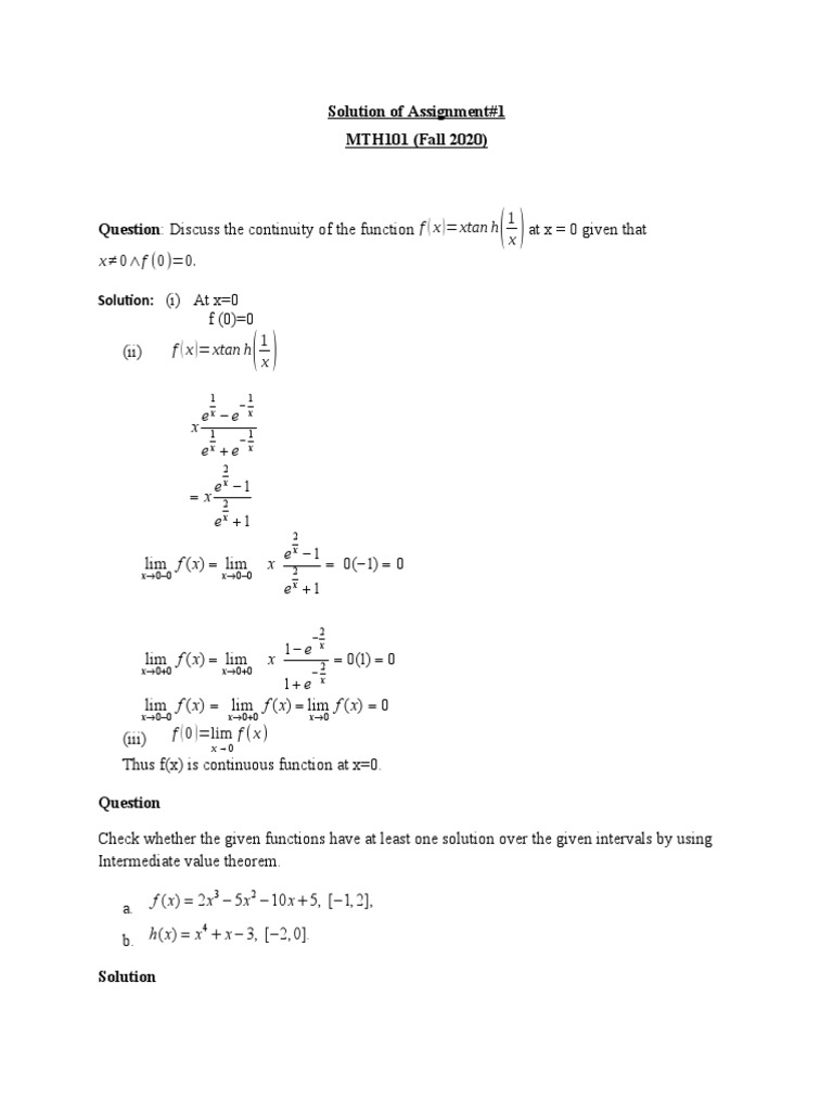 Solution of Assignment#1 MTH101 (Fall 2020) | Download Free PDF | Calculus | Mathematical Relations