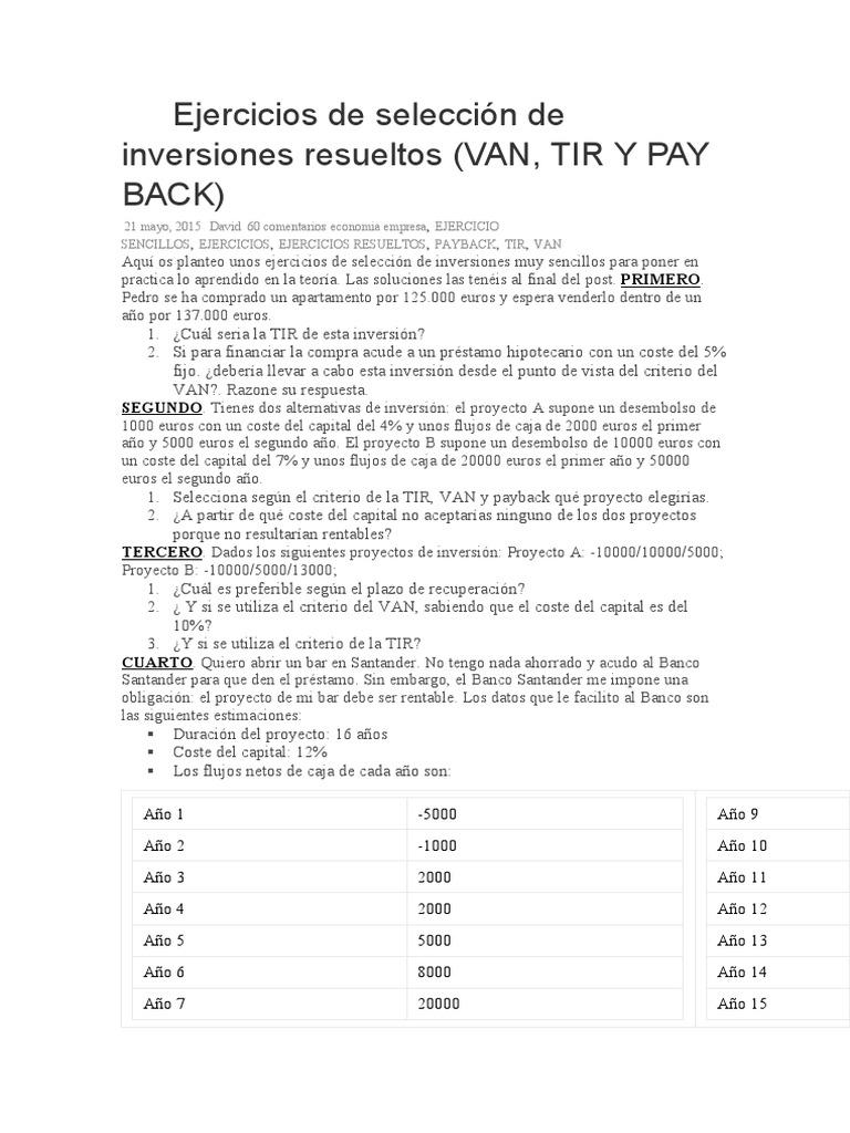 Ejercicios Resueltos de VAN, TIR y Payback | PDF | Bancos | Euro