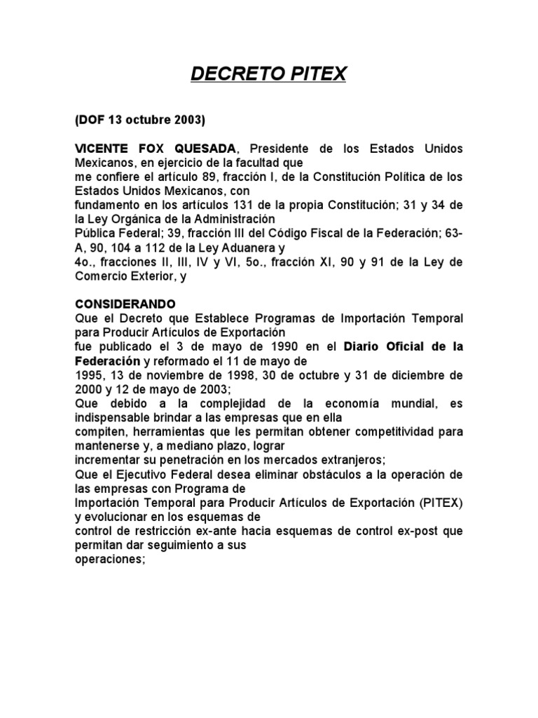 Decreto PITEX: Reformas y Regulaciones | PDF | México | Gobierno