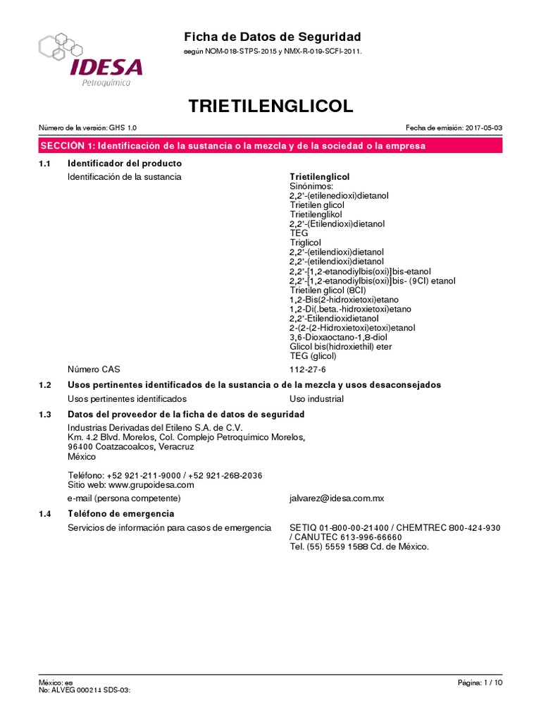 MSDS Teg Es 2016 | PDF | Agua | Ciencias fisicas