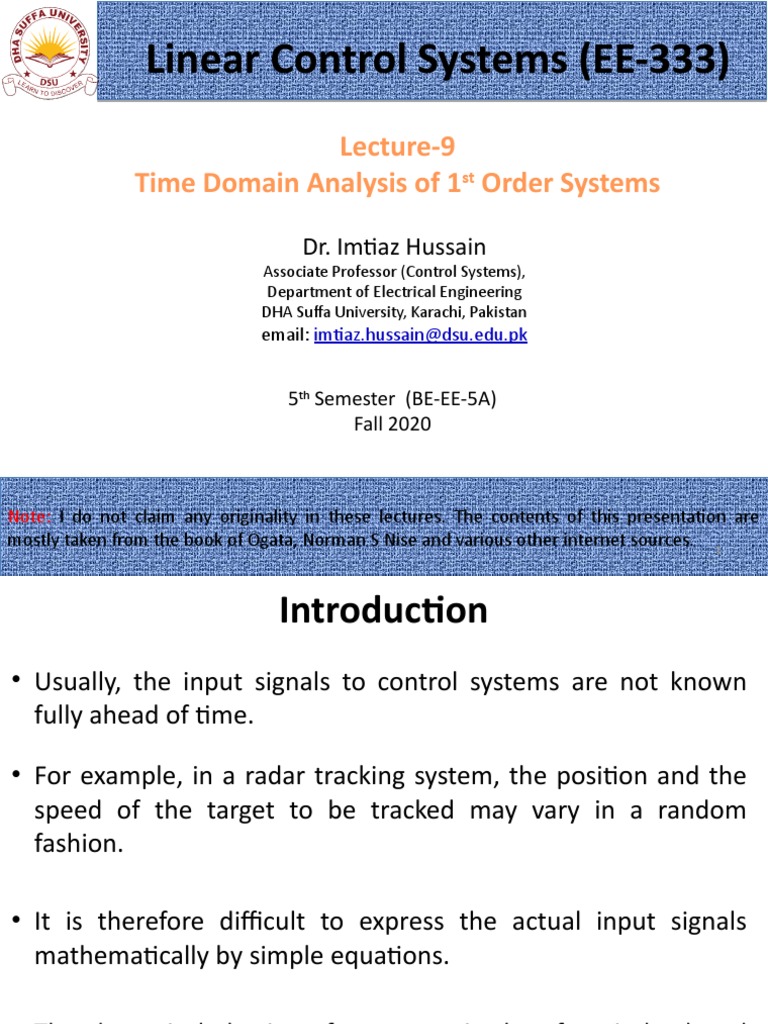 Lecture-9 Time Domain Analysis of 1st Order Systems | PDF | Steady ...