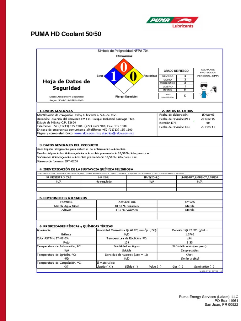 MSDS Puma HD Coolant 50-50 | PDF | Agua | Química