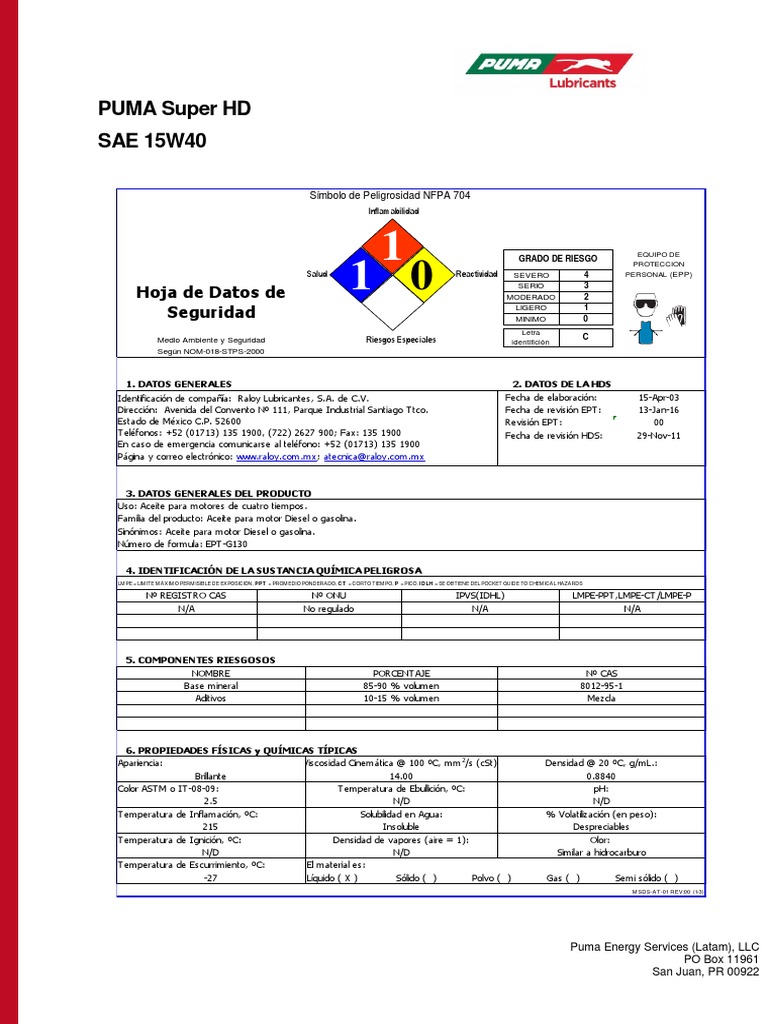 Msds Puma Super HD Sae 15w40 | PDF