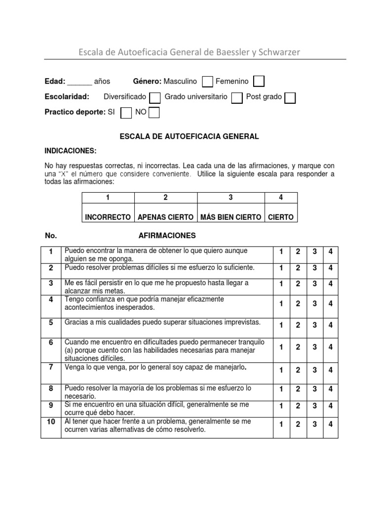 Escala De Autoeficacia General De Baessler Y Schwarzer Pdf