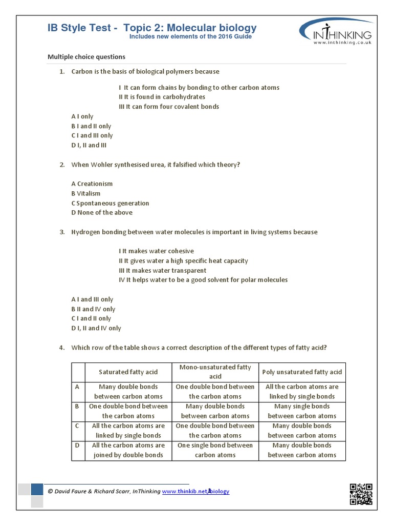 IB Style Test - Topic 2: Molecular Biology: Multiple Choice Questions ...