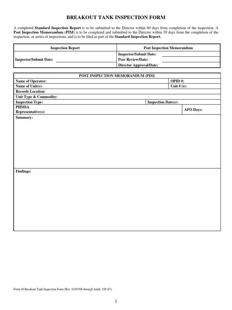 PHMSA Form 10 Standard Breakout Tank Insp 2008 | PDF | Gases ...