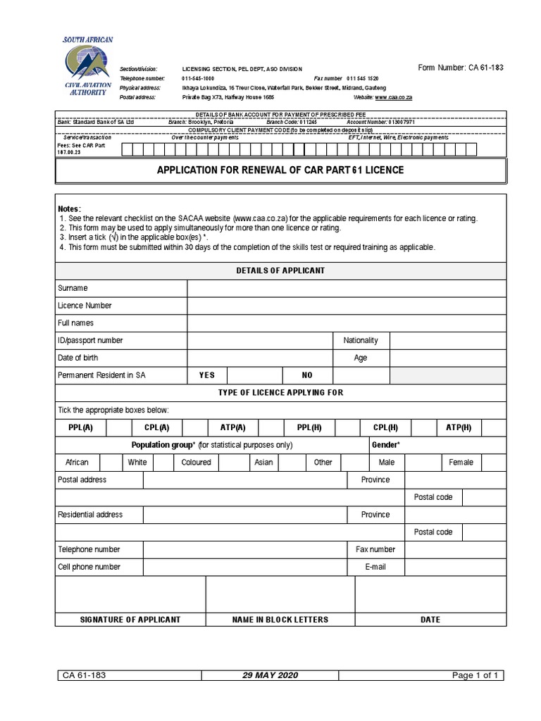 Application For Renewal of Car Part 61 Licence: Notes | PDF | Banks ...
