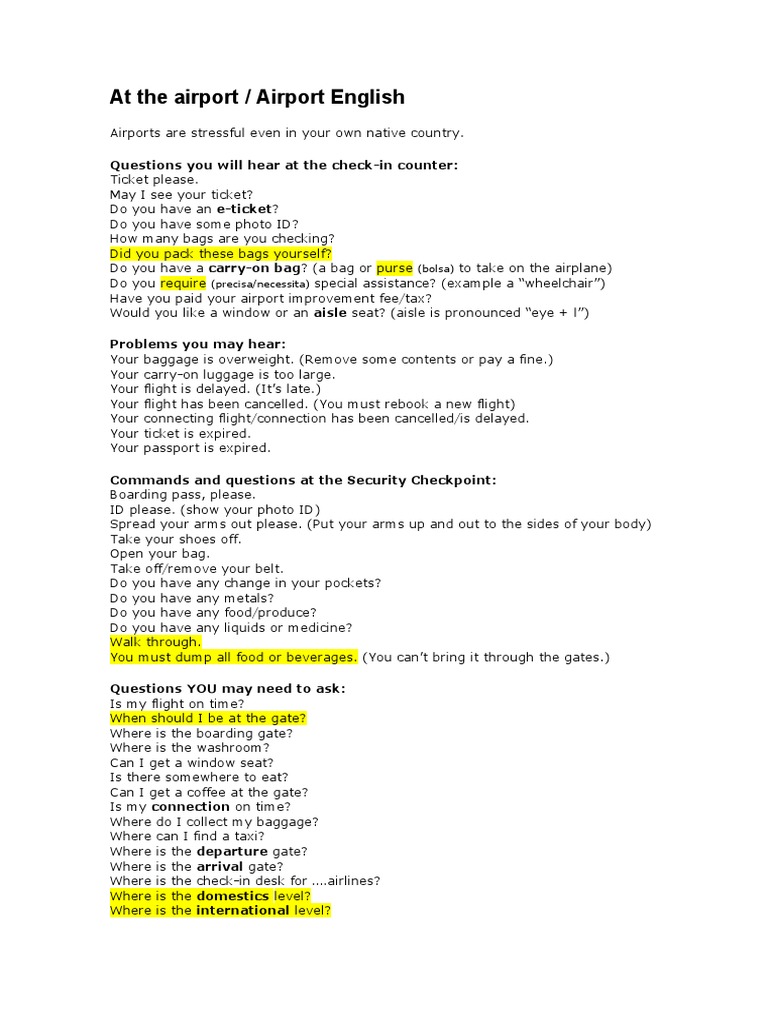 At The Airport / Airport English: Questions You Will Hear at The Check ...