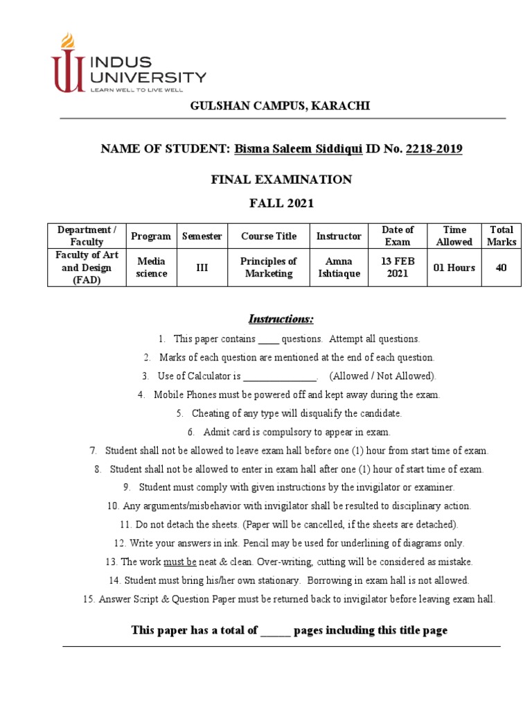 NAME OF STUDENT: Bisma Saleem Siddiqui ID No. 2218-2019 Final ...