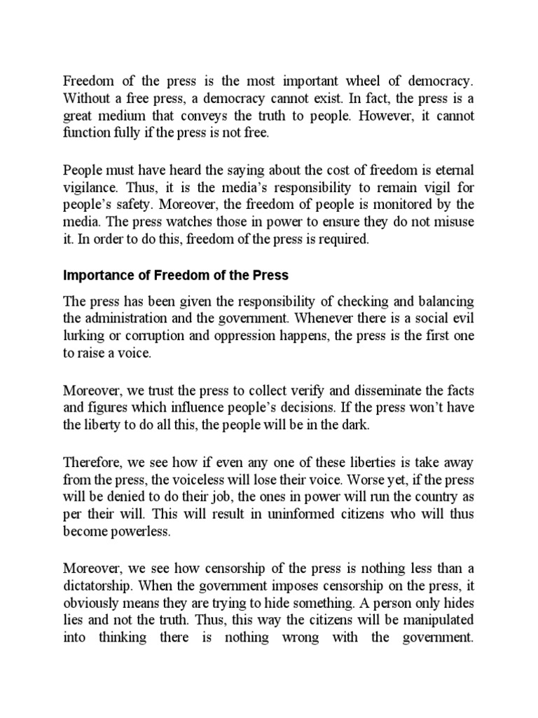 Freedom of The Press Is The Most Important Wheel of Democracy | PDF ...