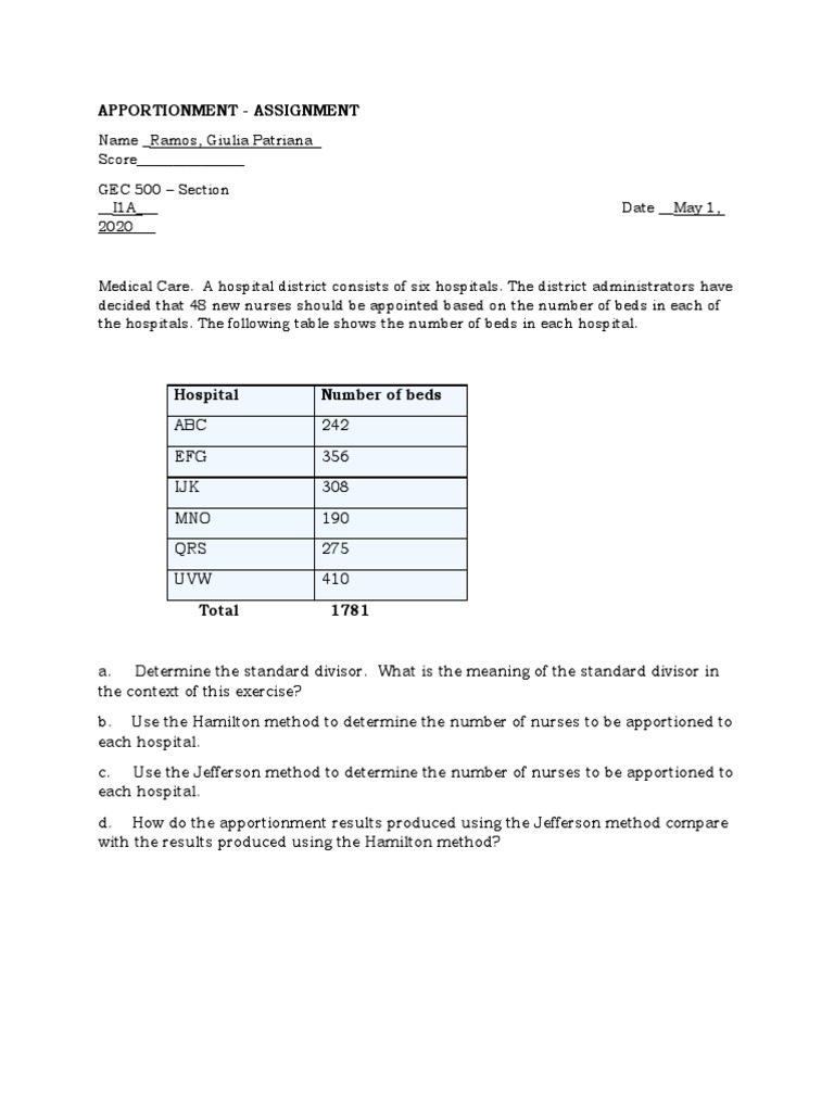 Apportionment - Assignment | PDF | Elections | Teaching Mathematics
