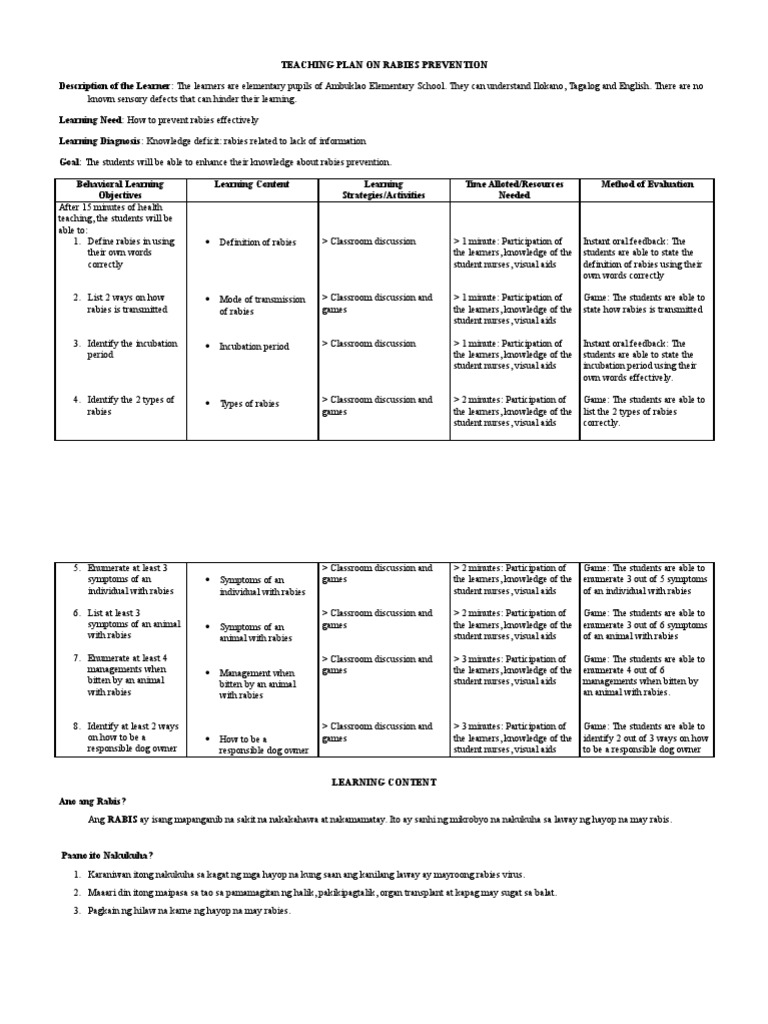 Teaching Plan On Rabies Prevention | PDF | Rabies | Classroom