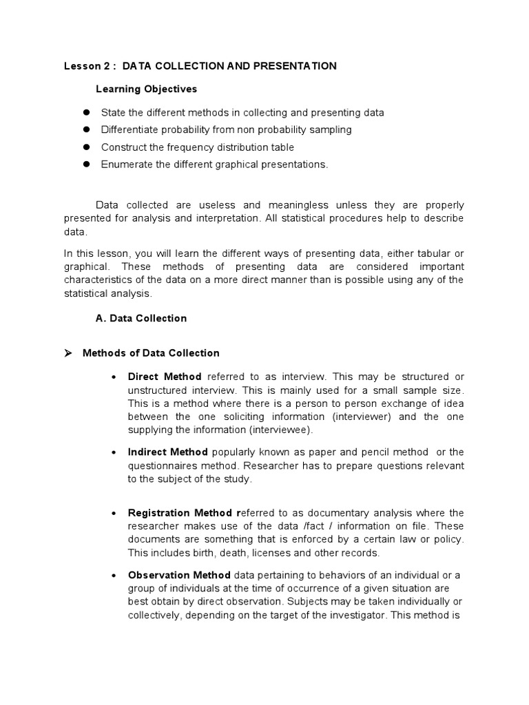 Lesson 2 Data Collection And Presentation Learning Objectives Pdf Sampling Statistics