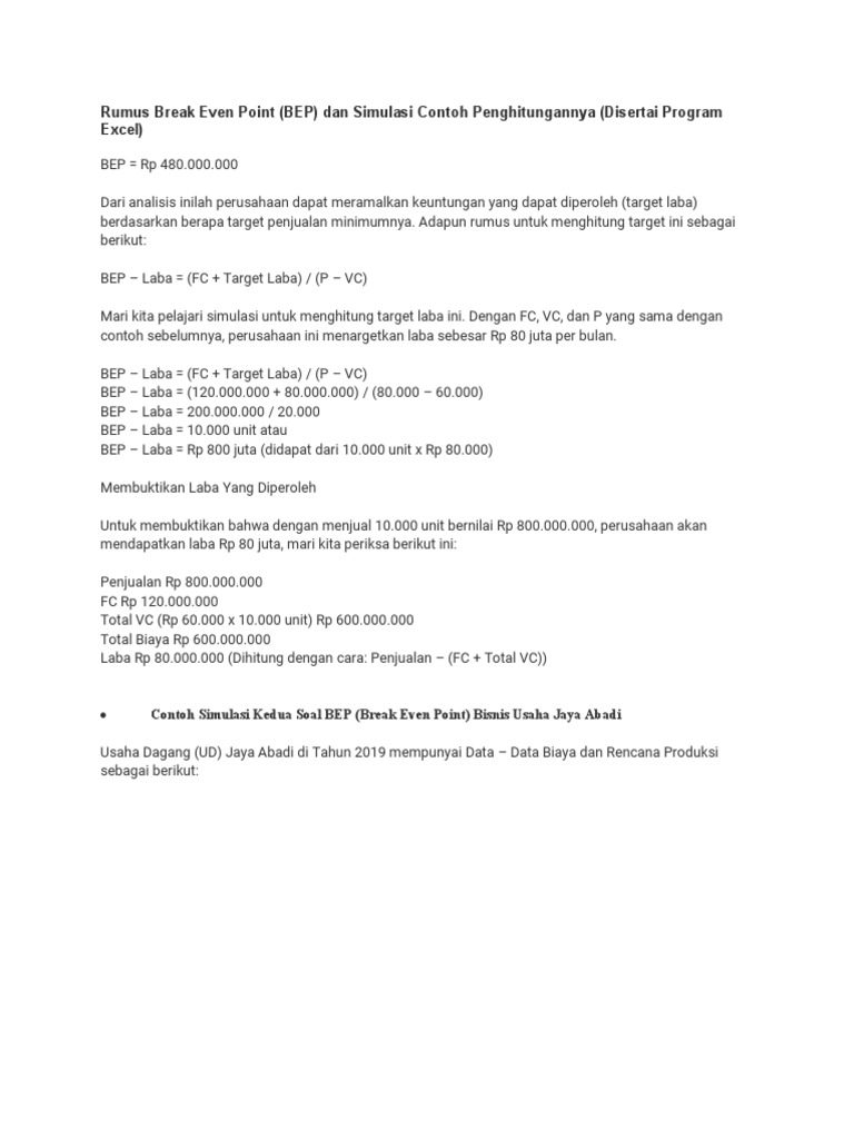 Rumus dan Contoh Penghitungan BEP | PDF
