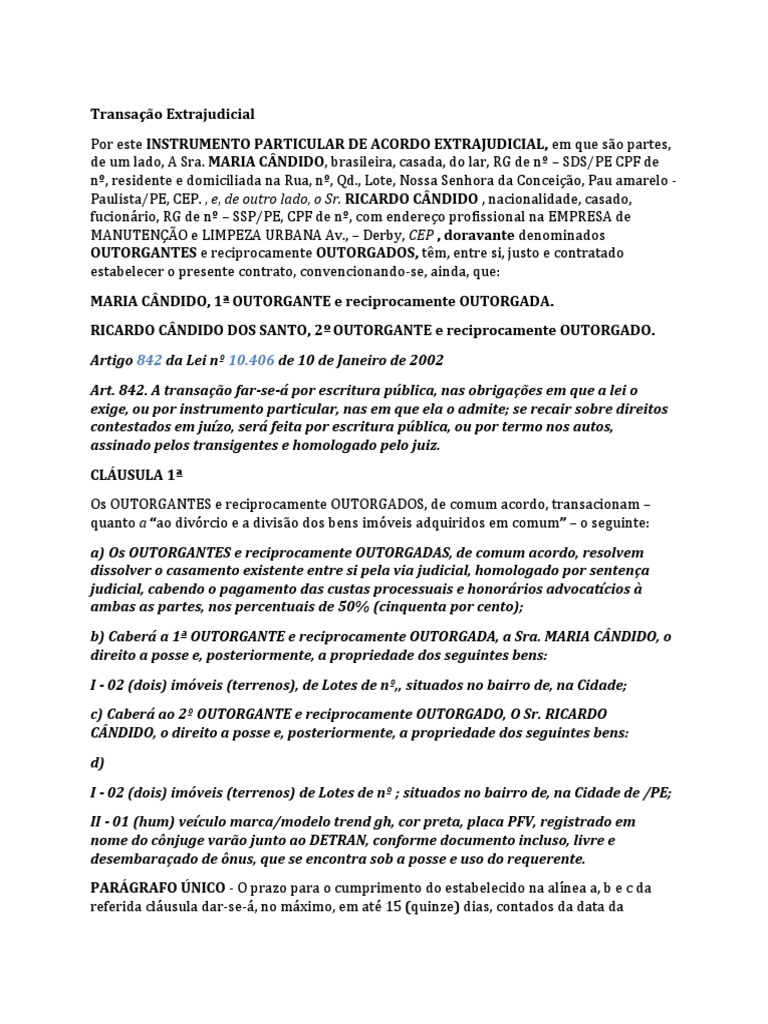 Modelo de Acordo Extrajudicial | PDF | Direito Público | Direito Comum
