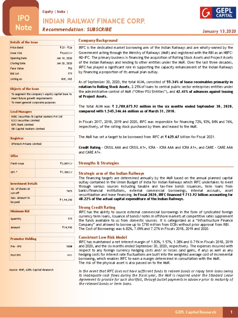 IRFC IPO Note | PDF | Securitization | Valuation (Finance)