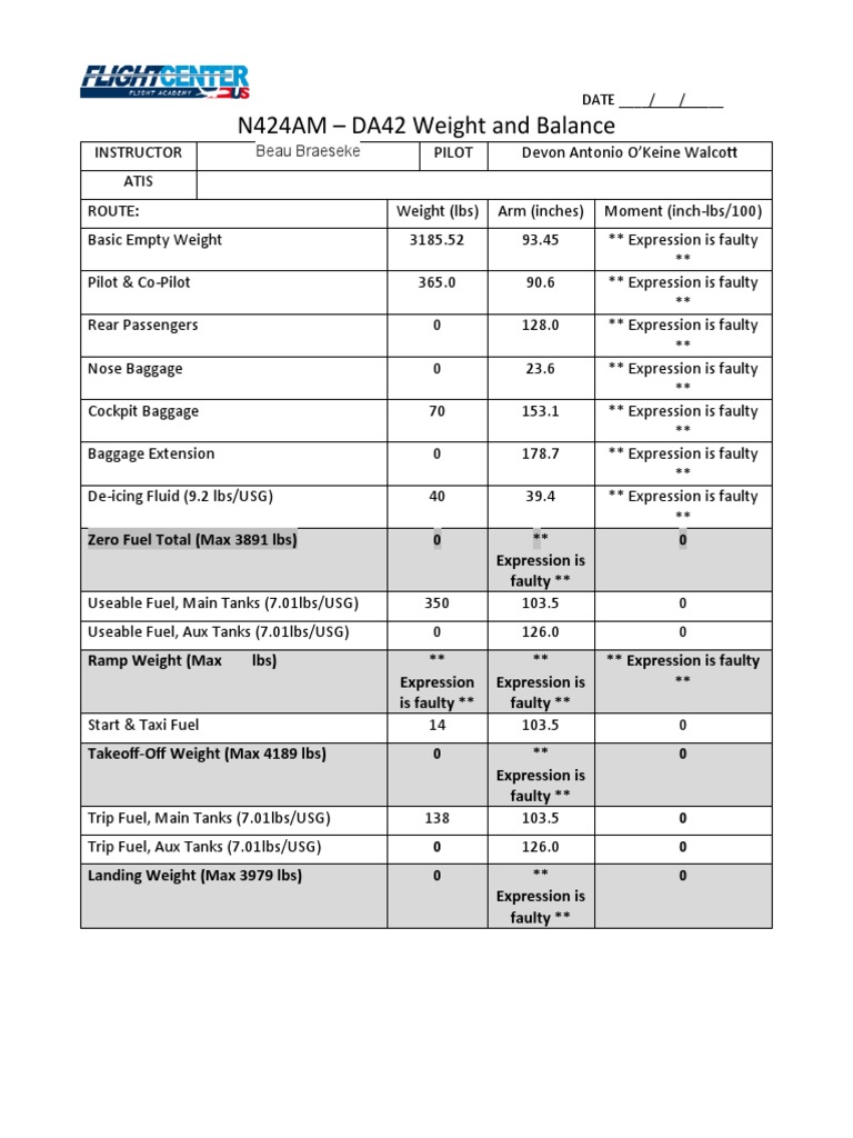 N424AM - DA42 Weight and Balance: Beau Braeseke | PDF | Aviation | Aircraft