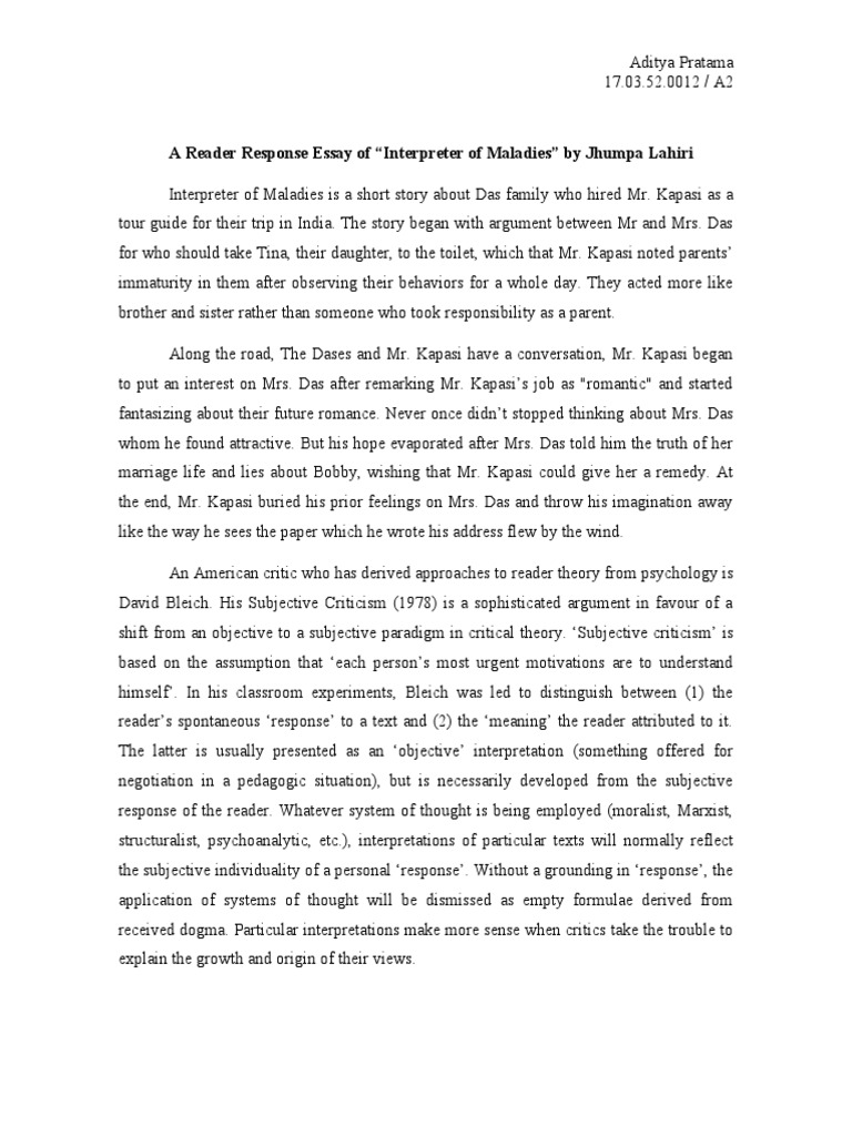A Reader Response Essay of "Interpreter of Maladies" by Jhumpa Lahiri ...