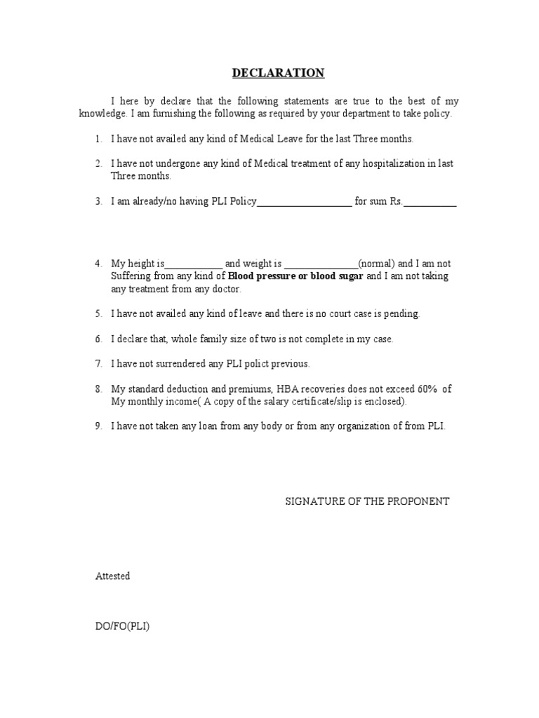 DECLARATION For PLI Policy Above 5 Lakhs | PDF