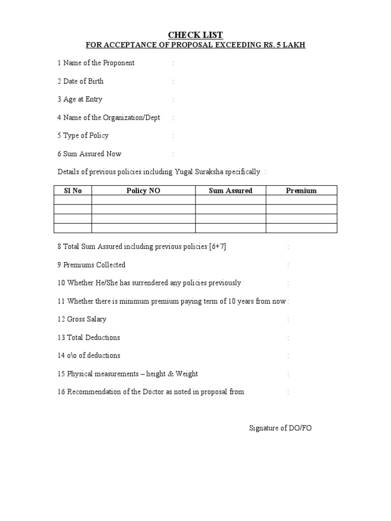 Proposal Checklist for ₹5 Lakh Insurance | PDF