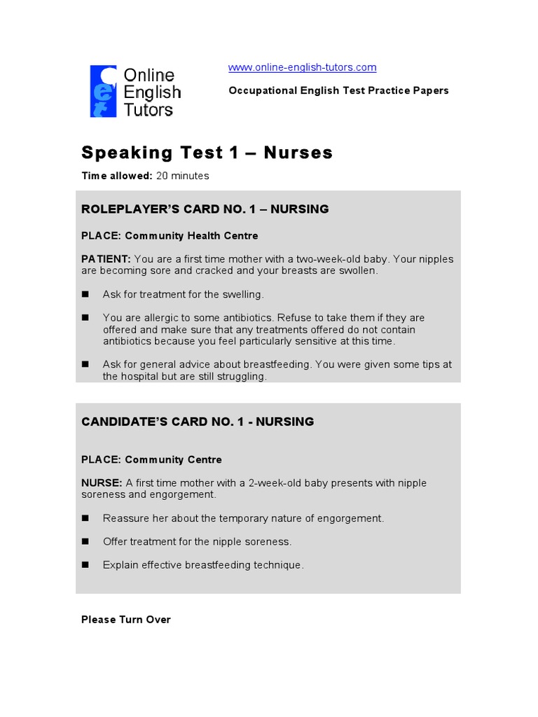 Speaking Test 1 - Nurses: Roleplayer'S Card No. 1 - Nurs ING | PDF ...