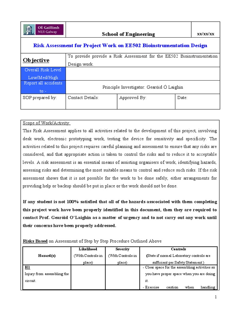Objective: Risk Assessment For Project Work On EE502 Bioinstrumentation ...