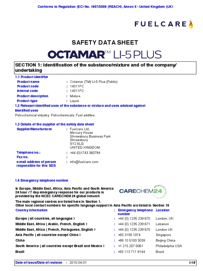Safety Data Sheet: SECTION 1: Identification of The Substance/mixture ...