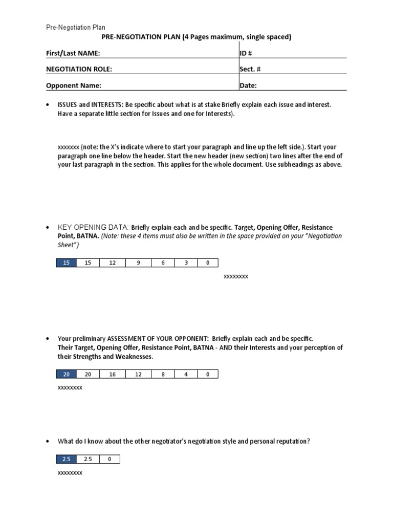 PRE-NEGOTIATION PLAN (4 Pages Maximum, Single Spaced) First/Last NAME ...