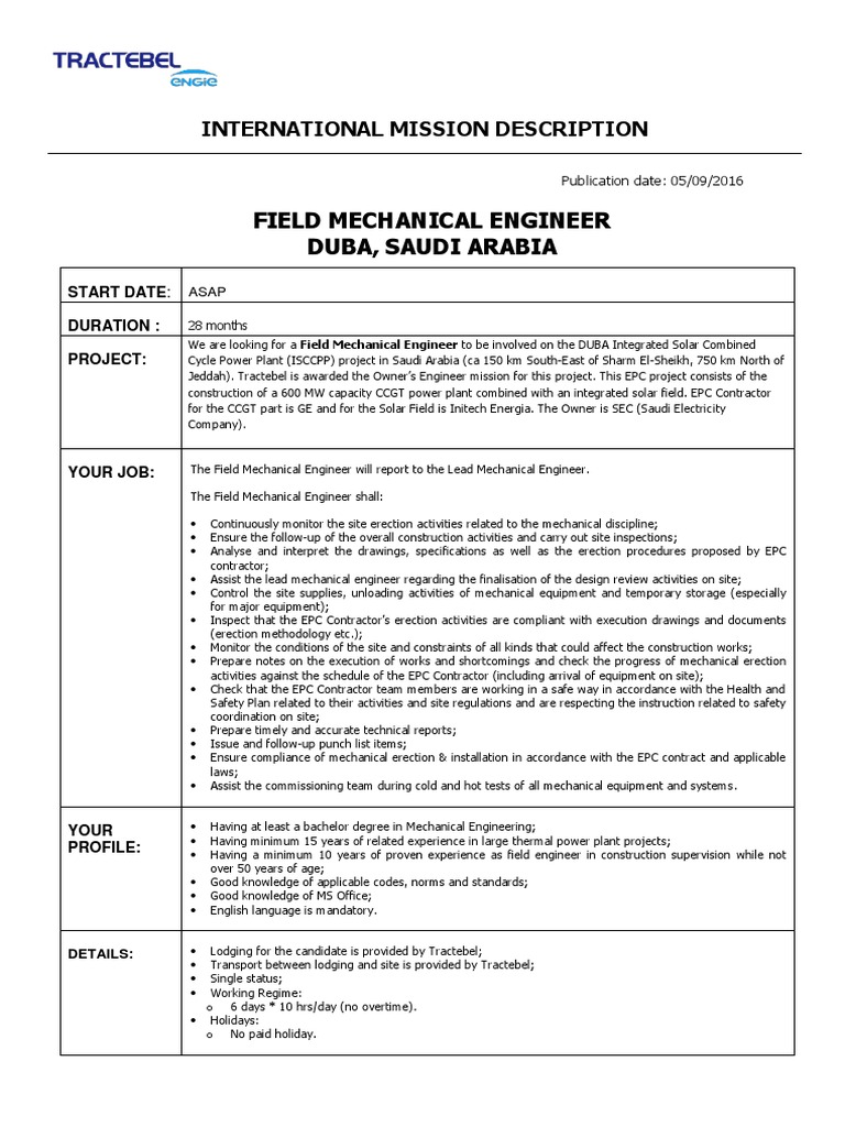 Field Mechanical Engineer in Duba, KSA | PDF | Safety | Engineering