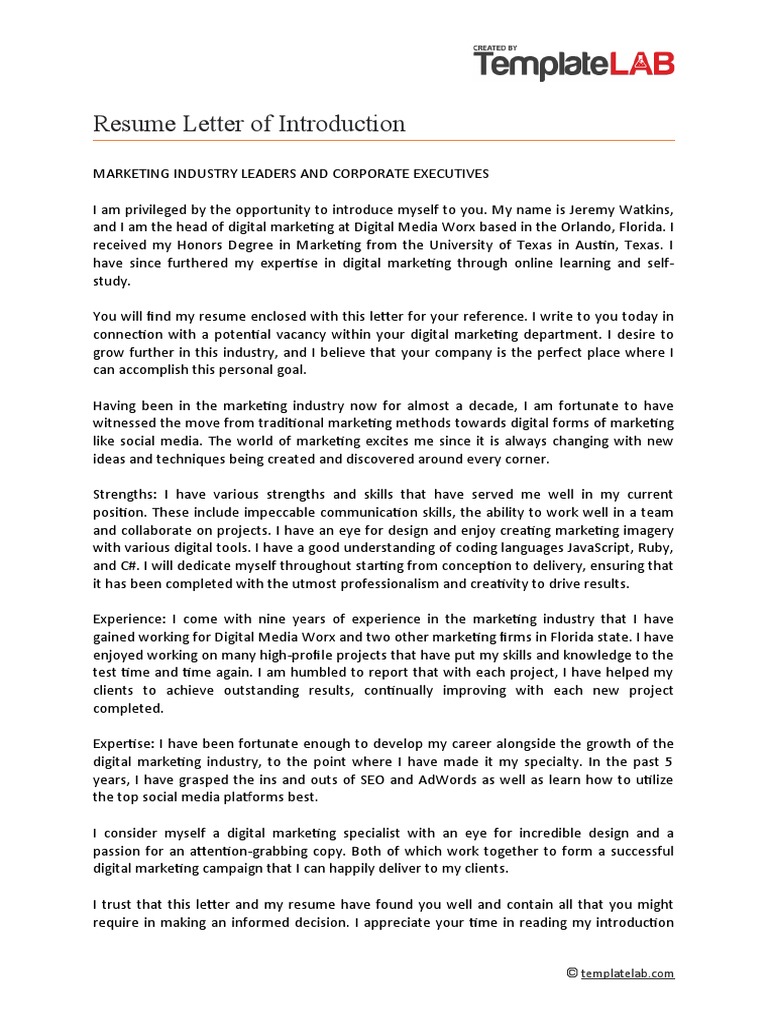 Resume Letter of Introduction 1 | PDF | Digital Marketing | Marketing