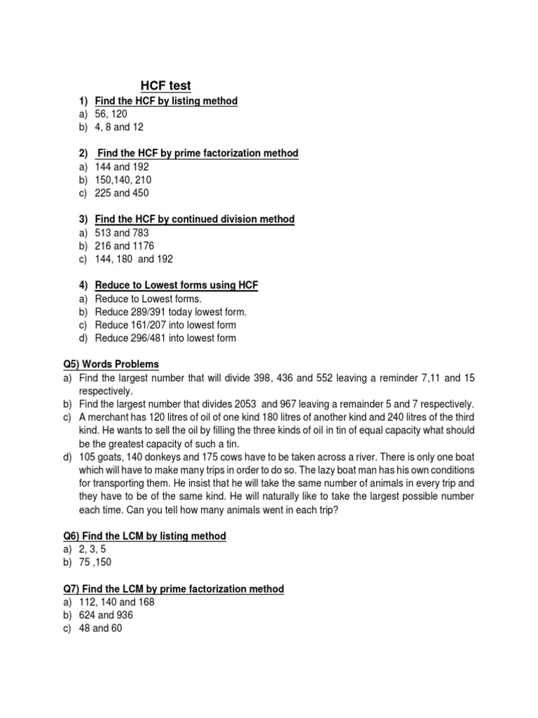 HCF LCM Test | PDF | Numbers | Teaching Mathematics