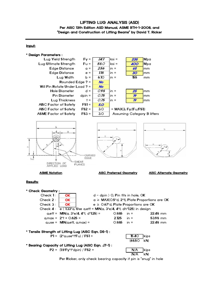 Lifting Lug Analysis (Asd) : ASME Notation AISC Preferred Geometry AISC ...