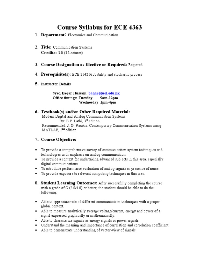 ECE 4363 Communication Systems Syllabus | PDF | Frequency Modulation ...