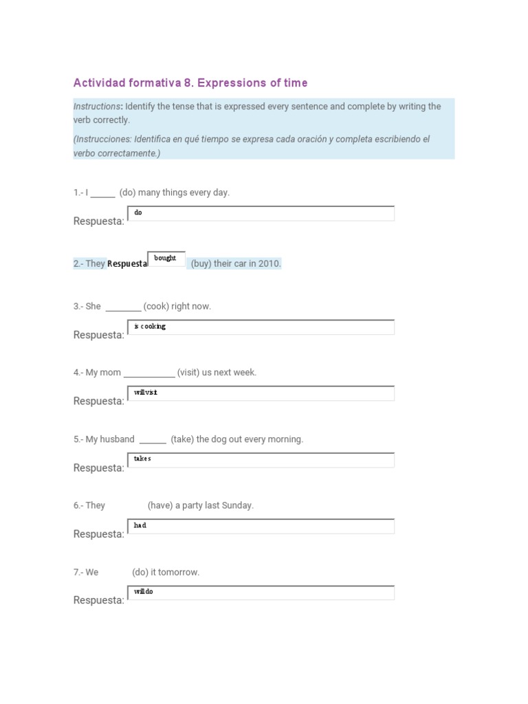 Actividad Formativa 8: Time Expressions | PDF