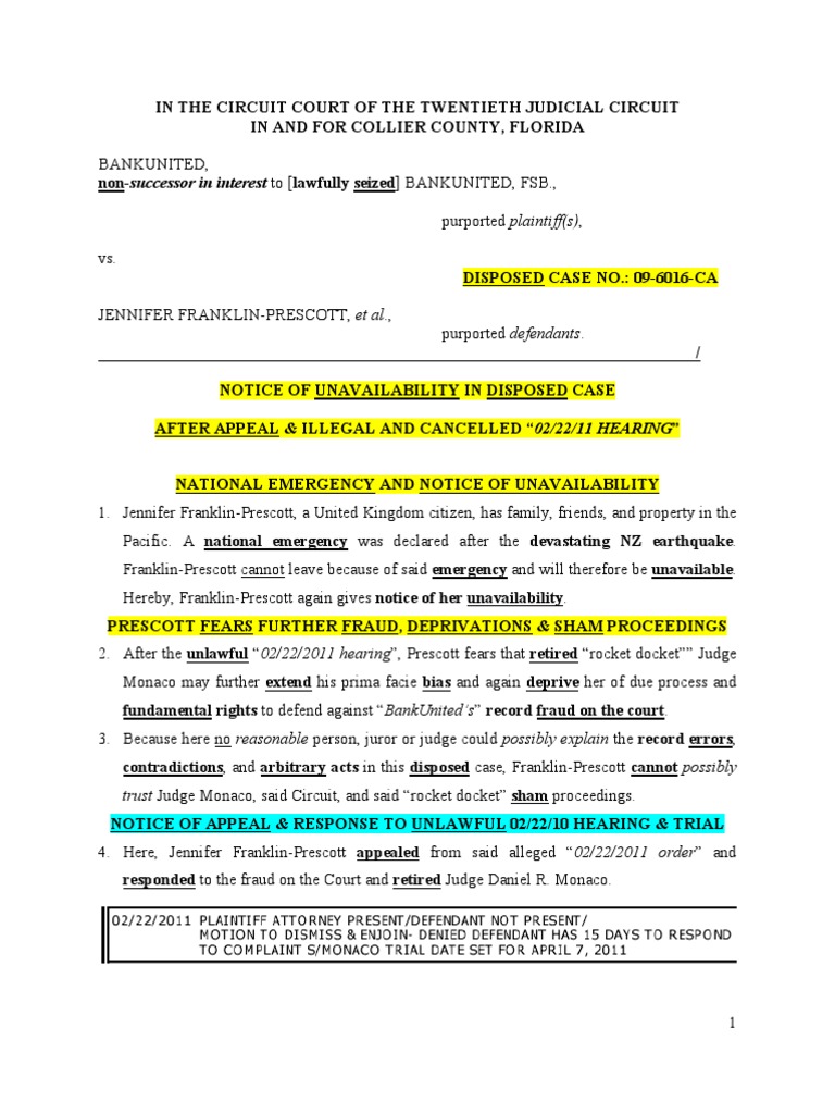 Notice of Unavailability ... | PDF | Summary Judgment | Foreclosure