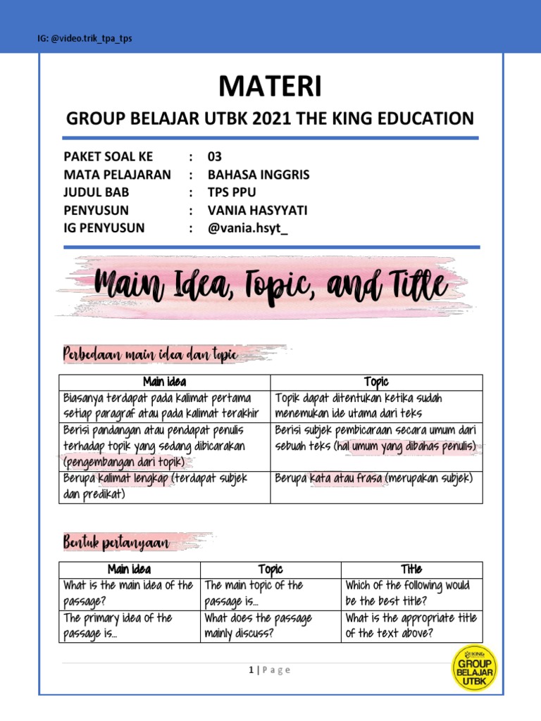 Main Idea, Topic and Title | PDF