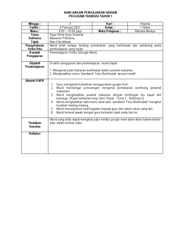 RPH Transisi Minggu 3 | PDF | Karier & Perkembangan | Sains & Matematika