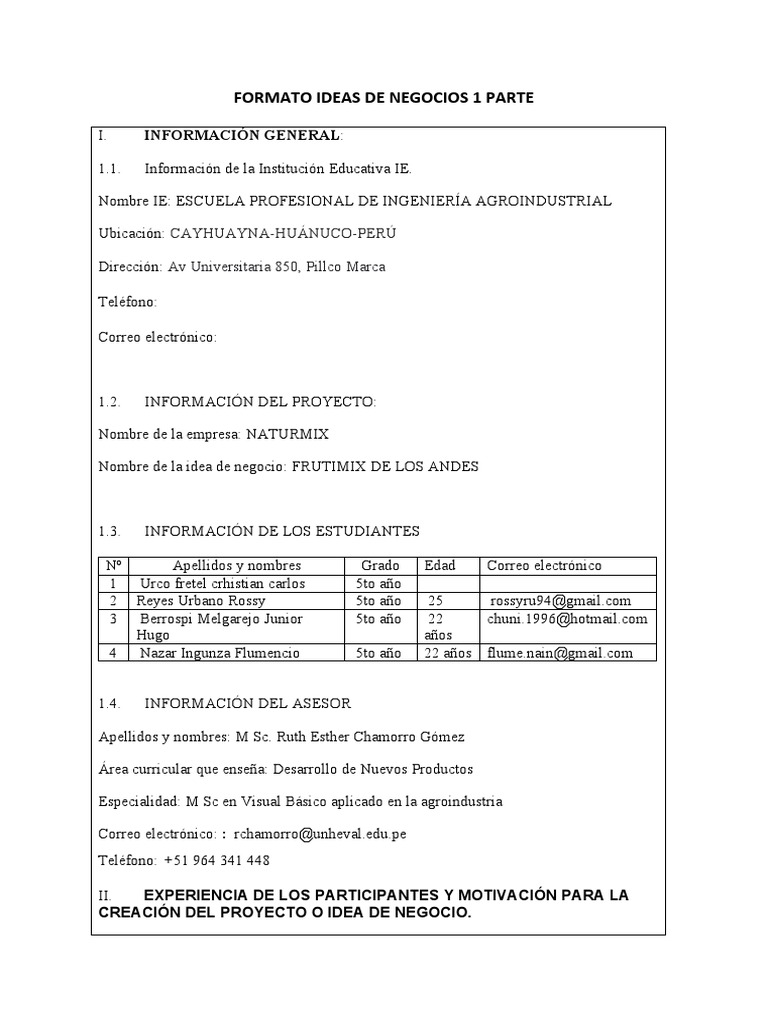Formato Ideas de Negocios 1 Parte: Información General | PDF ...