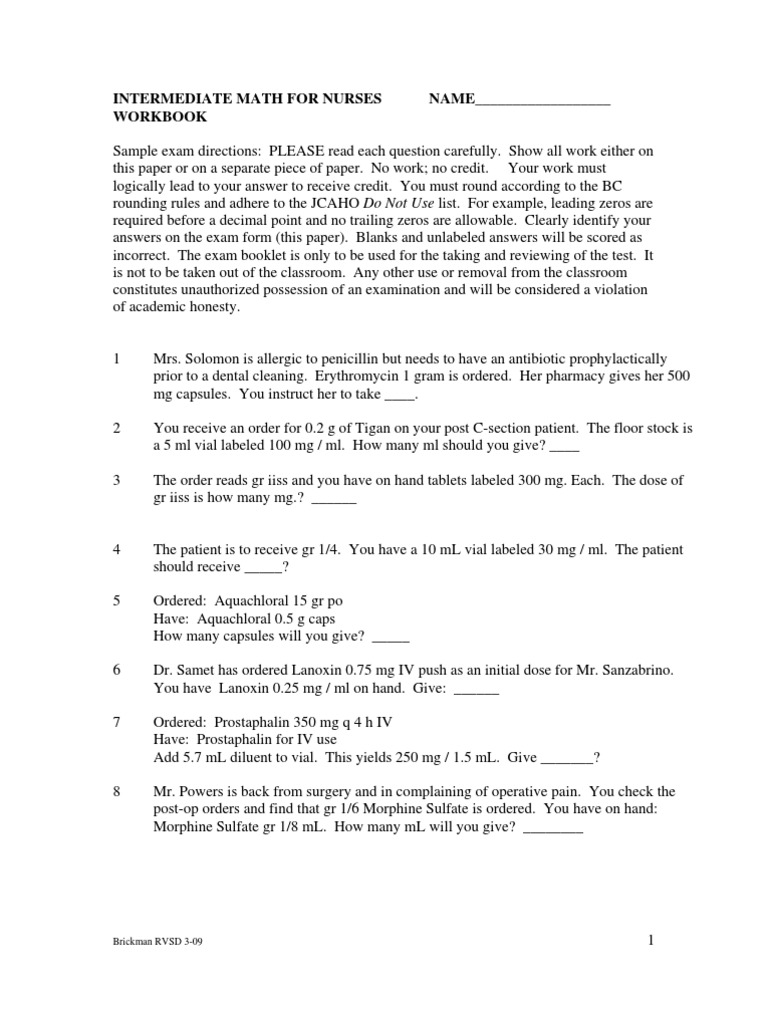 Intermediate Math For Nurses NAME - Workbook | PDF | Dose (Biochemistry ...