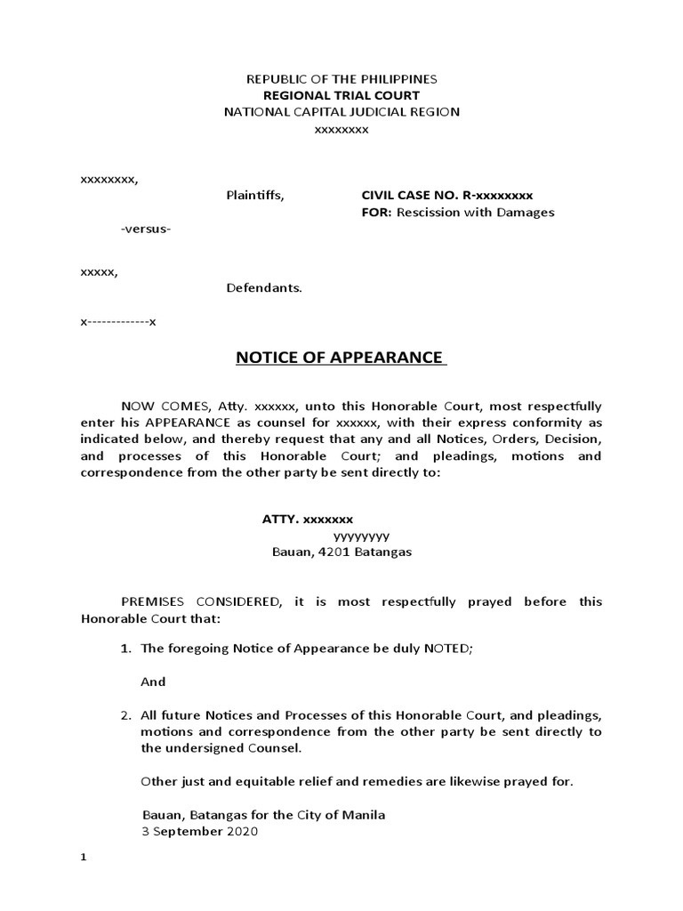 Notice of Appearance: Regional Trial Court | PDF | Legal Procedure ...